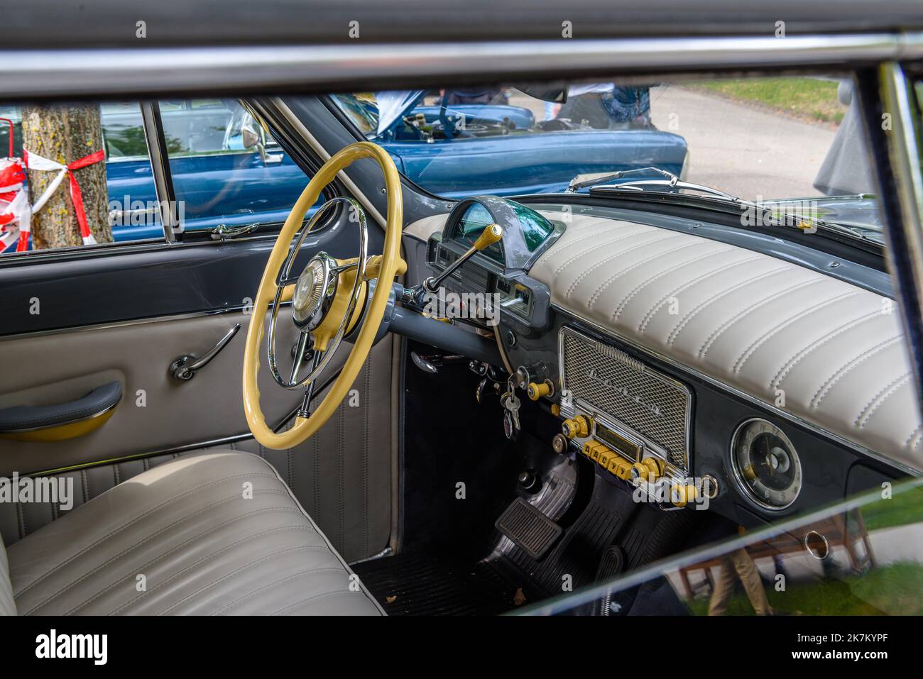 BADEN BADEN, GERMANY - JULY 2019: white leather interior of GAZ 21 22 ...