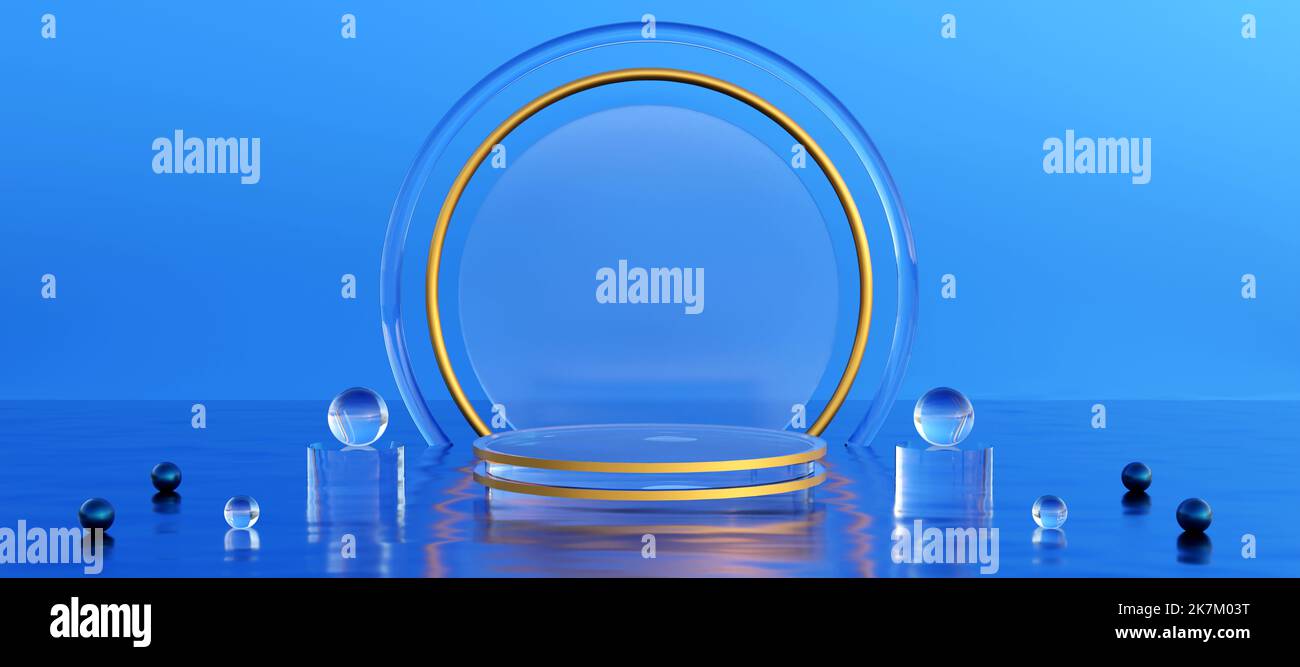 Transparent glass podium with decorative objects. Stand to show ...