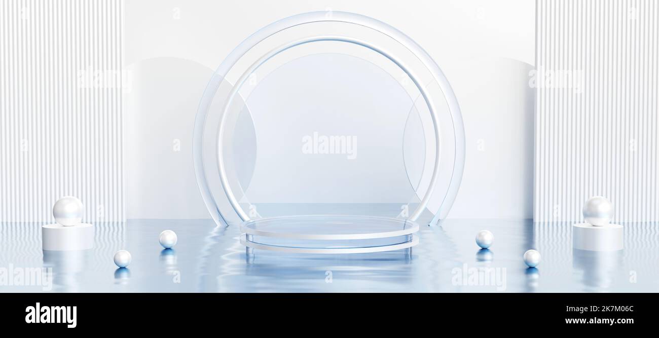 Transparent glass podium with abstract art objects. Stand to show ...