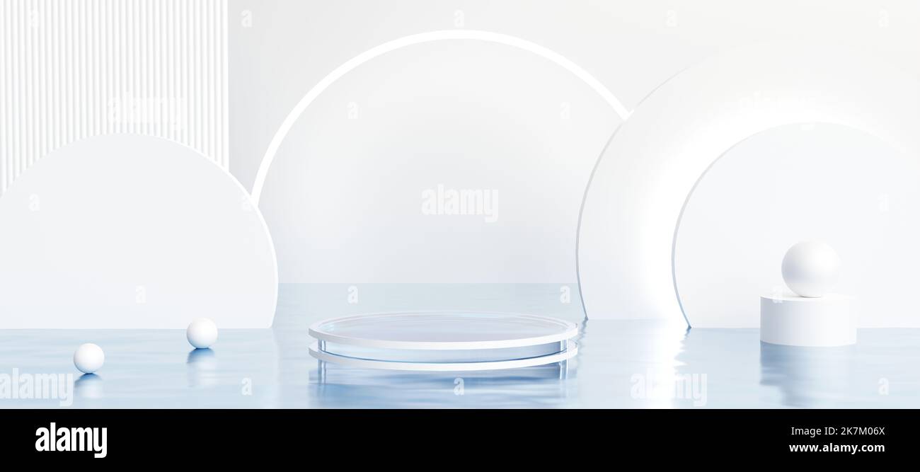 Transparent glass podium with white decorative objects. Stand to show ...