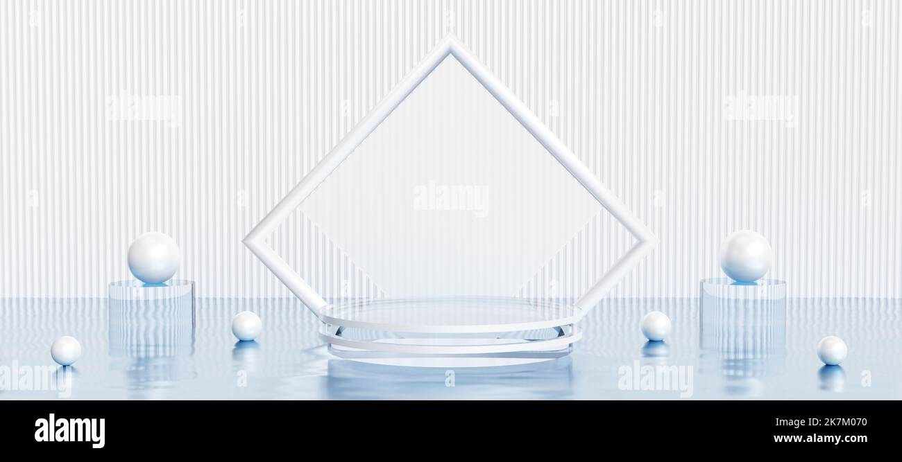 Transparent glass podium with white decorative objects. Stand to show ...