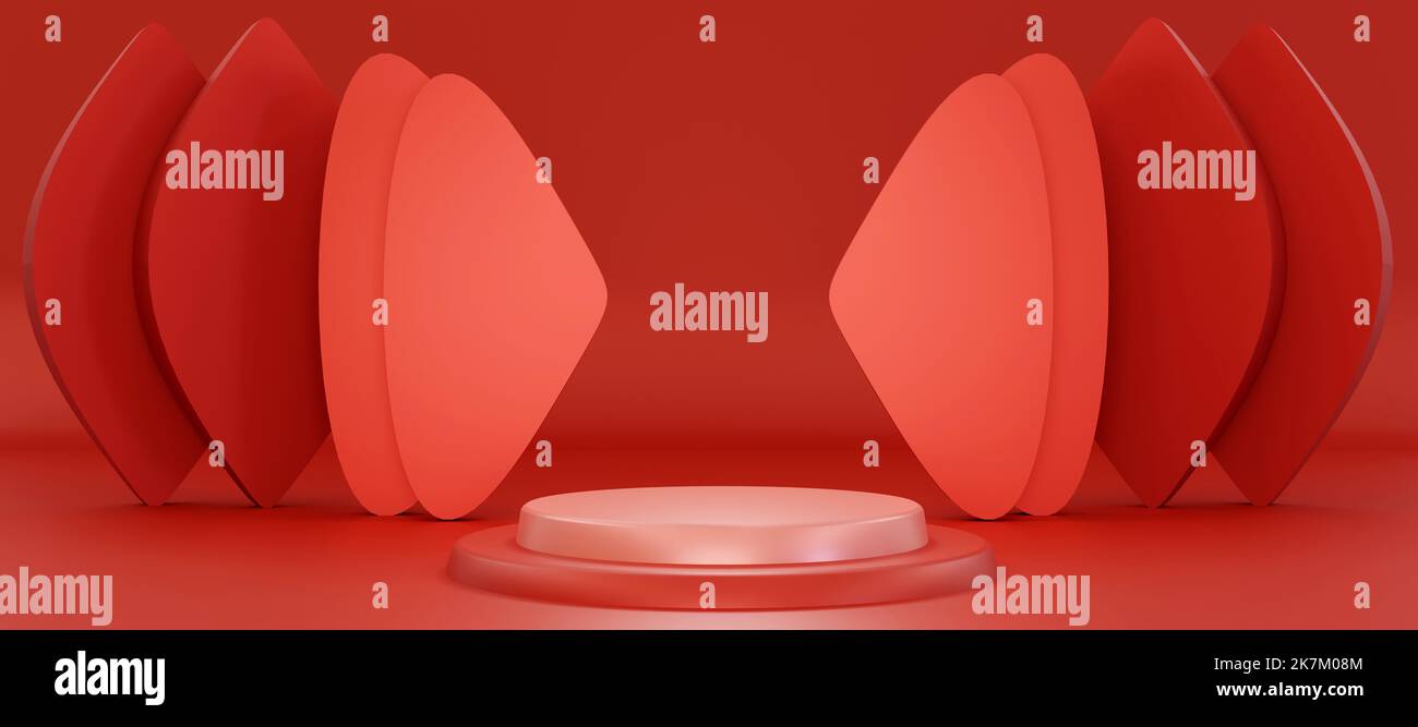 Podium with abstract red decorative objects. Stand to show products ...