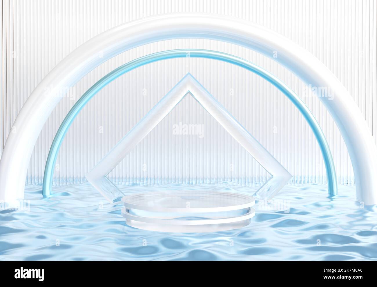 Transparent glass cylinder podium with decorative objects. Stand to ...