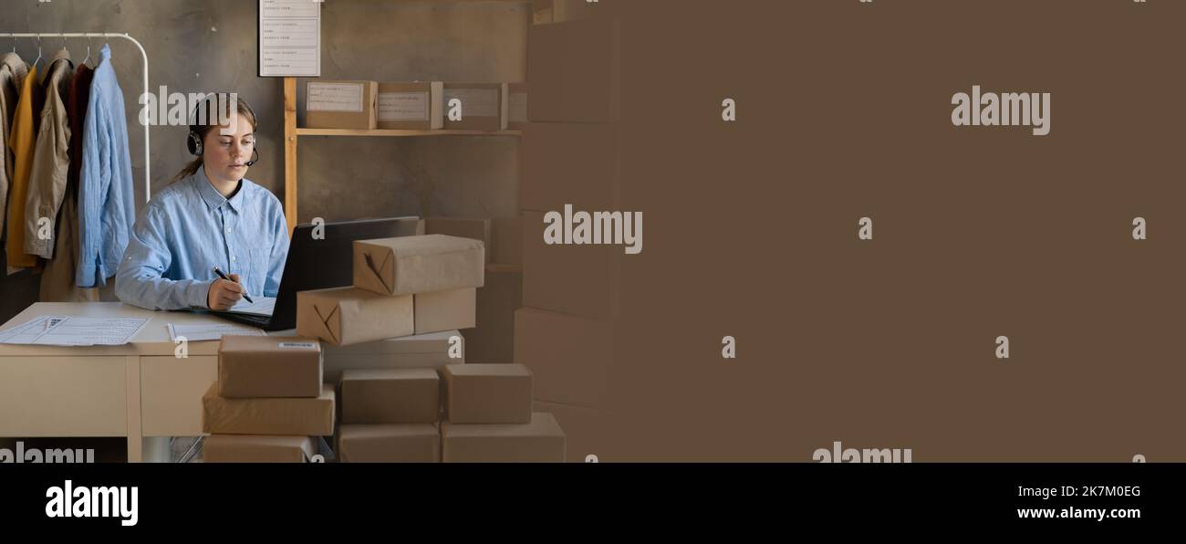 Woman small business owner. cardboard parcel box of product for deliver ...