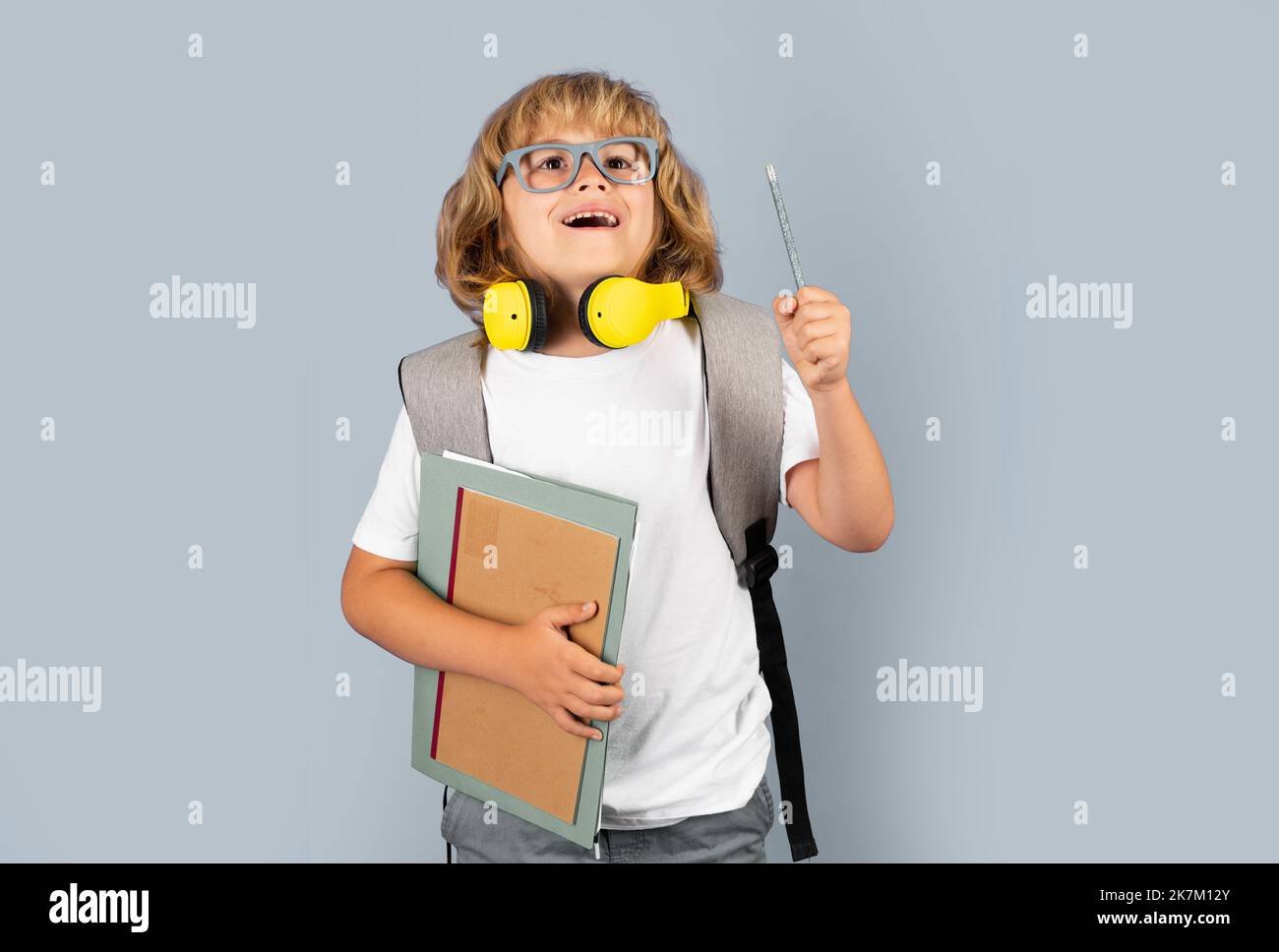 Learning knowledge and kids education concept. School teen boy in with ...