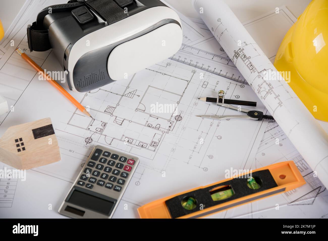 Architect workplace top view. Architectural blueprint paper project ...