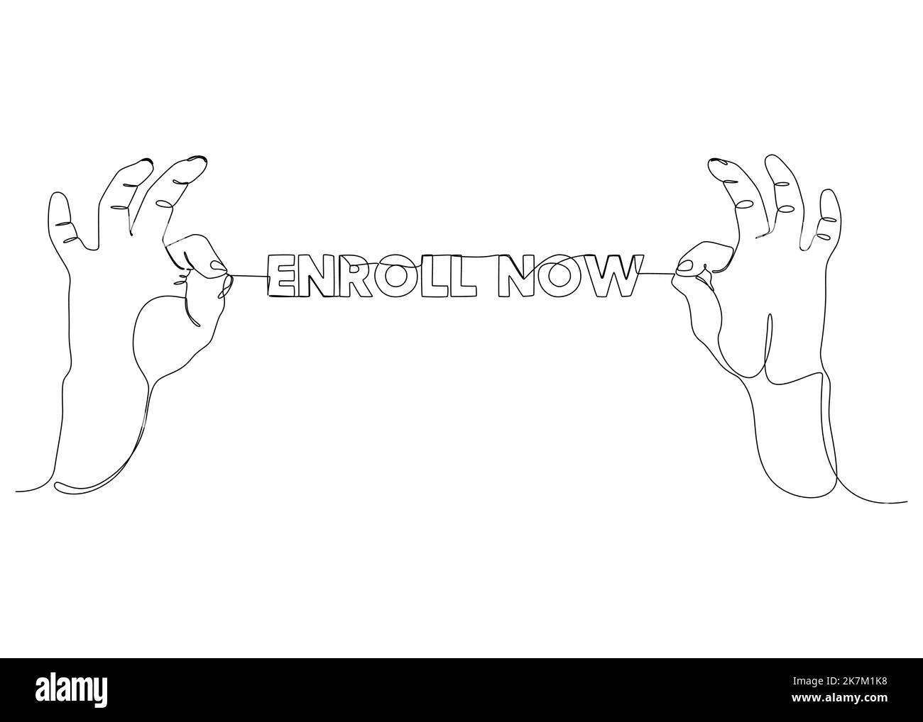 One continuous line of two hand holding a string with Enroll Now word ...