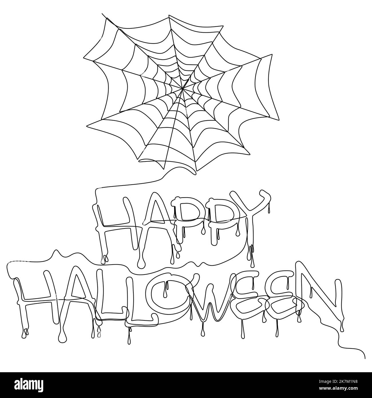 One Continuous Line Of A Spider Web And Happy Halloween Text Thin Line Illustration Vector
