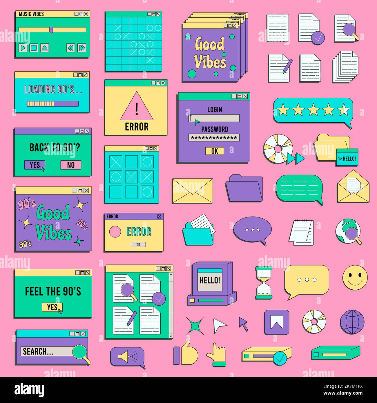 Set of vaporwave UI and UX elements. PC retro game frame. Nostalgic ...