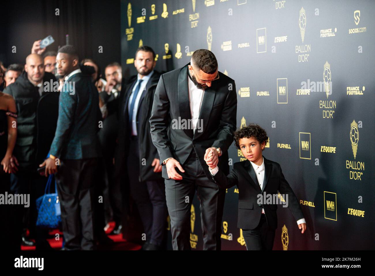 Karim Benzema with his son during the red carpet ceremony of the Ballon ...