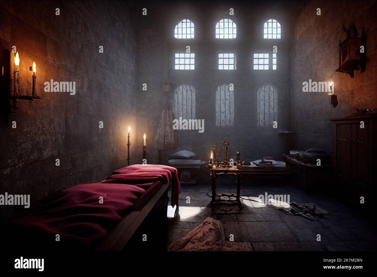 Dracula castle cell interior with chains by candlesticks, writing desk ...