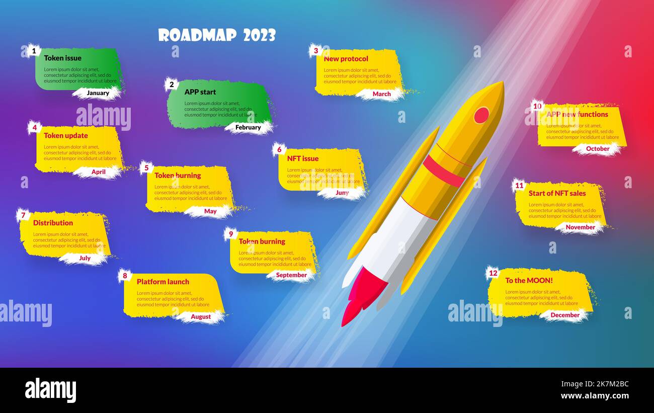 Colorful roadmap with flying space rocket and stickers with copy space ...