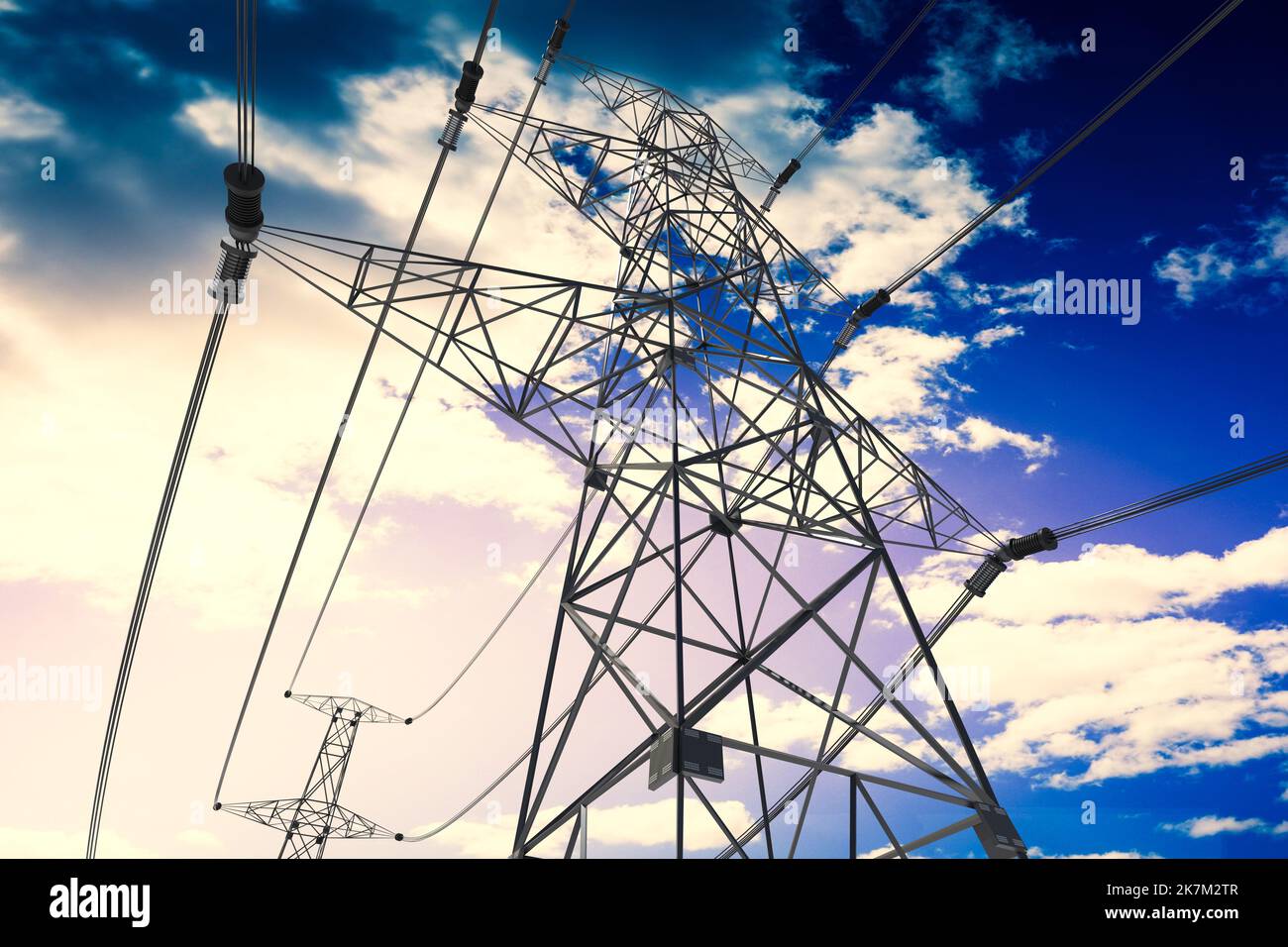 Electricity pylons, sky in background - 3D illustration Stock Photo - Alamy