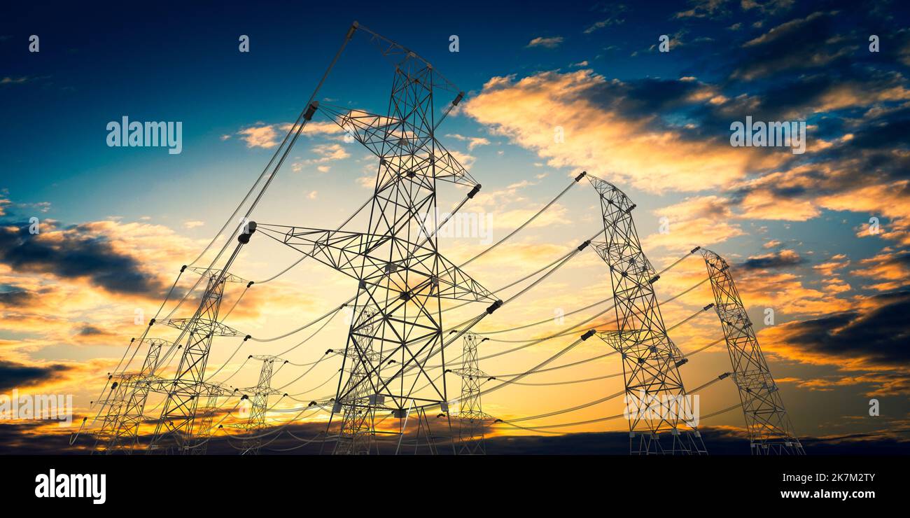 Electricity pylons, sunset sky in background - 3D illustration Stock ...