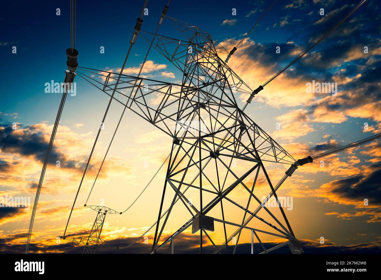 Electricity pylons, sunset sky in background - 3D illustration Stock ...