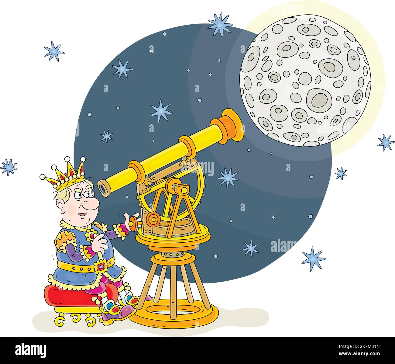 Angry king in his golden crown watching the Moon in the night starry ...