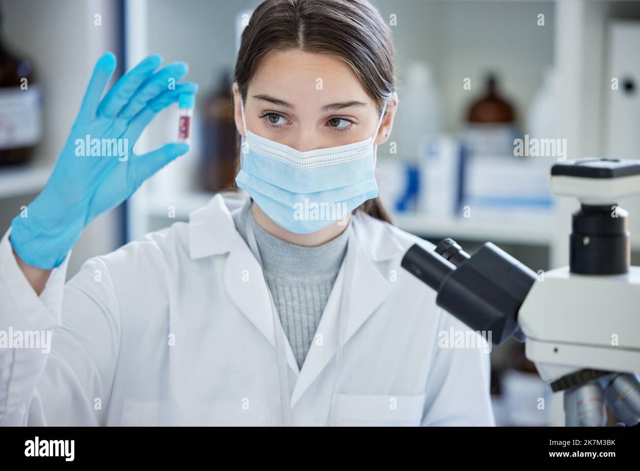 Im ready to test this now. a young woman analysing a sample in a lab ...