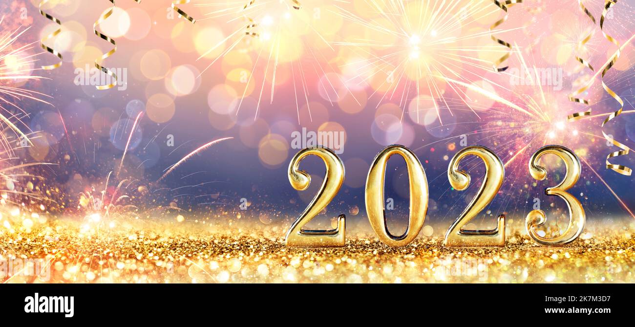 2023 - Golden Numbers On Glitter With Fireworks - New Year Celebration ...