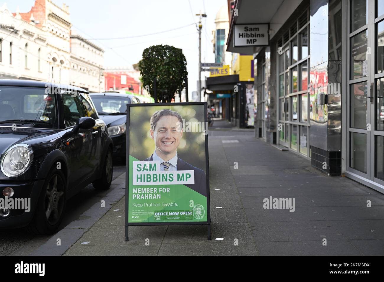 Sign for Greens political party MP Sam Hibbins, featuring an image of ...