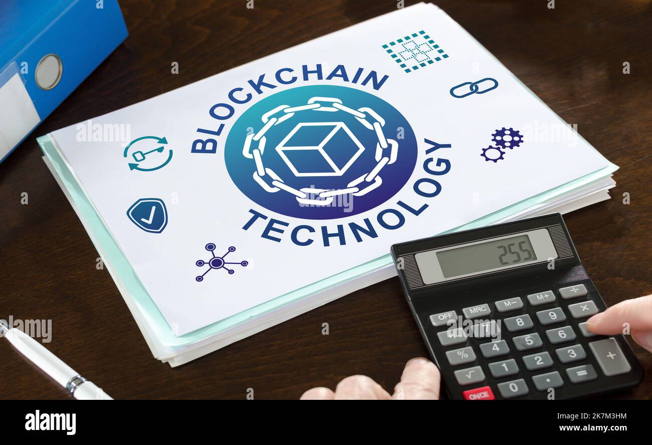 Blockchain concept illustrated on a paper with a calculator Stock Photo ...