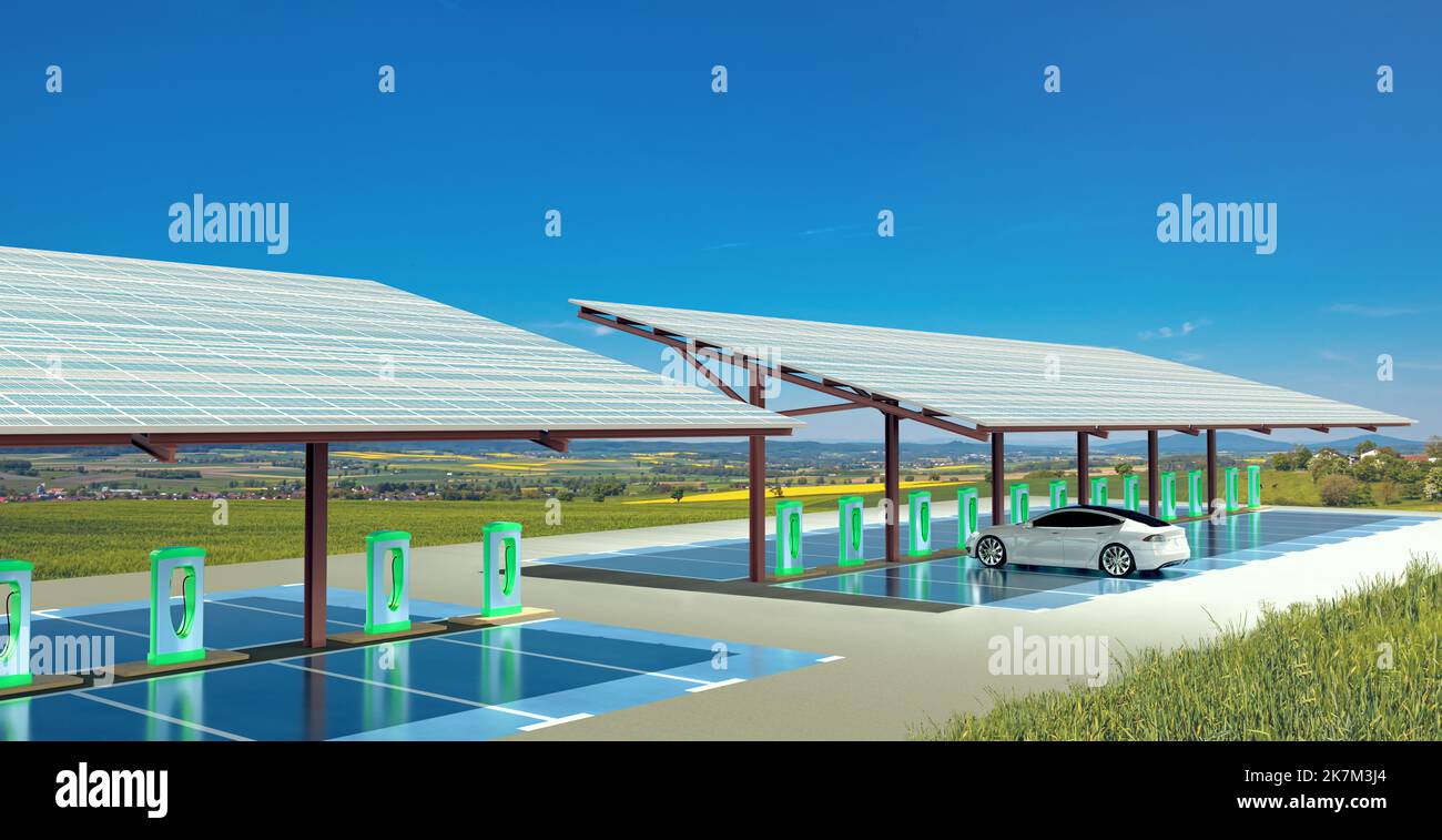 EV charging point at the parking place with solar panels, 3D ...
