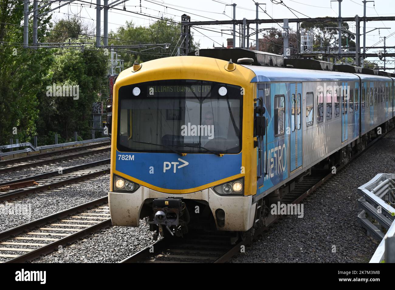 Front view of a dirty Siemens Nexas train, featuring PTV and Melbourne ...