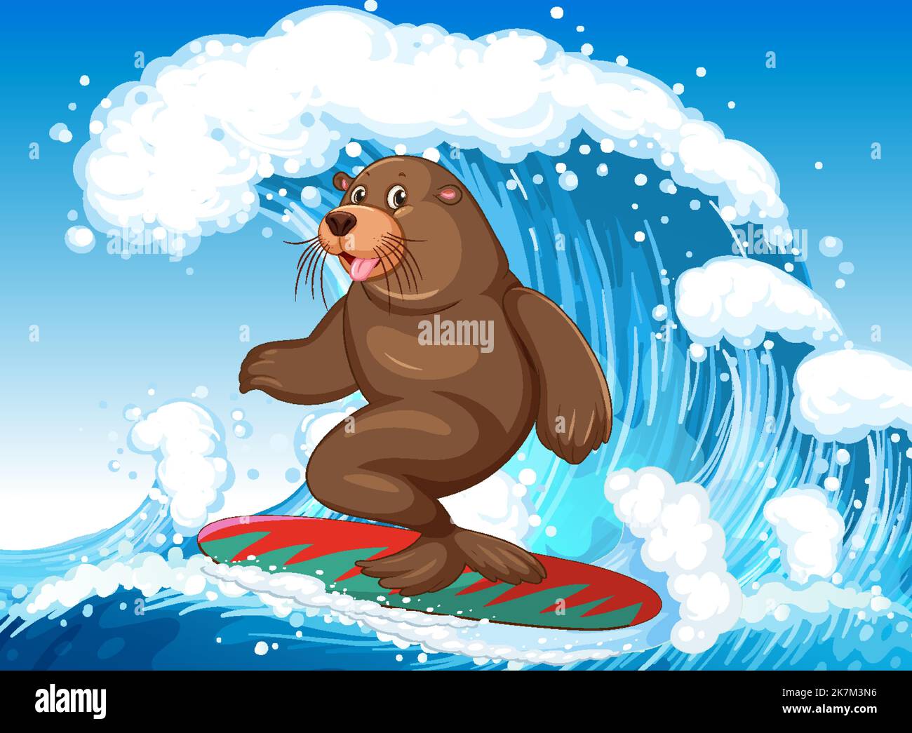 Sea lion on surfboard in the ocean illustration Stock Vector Image ...