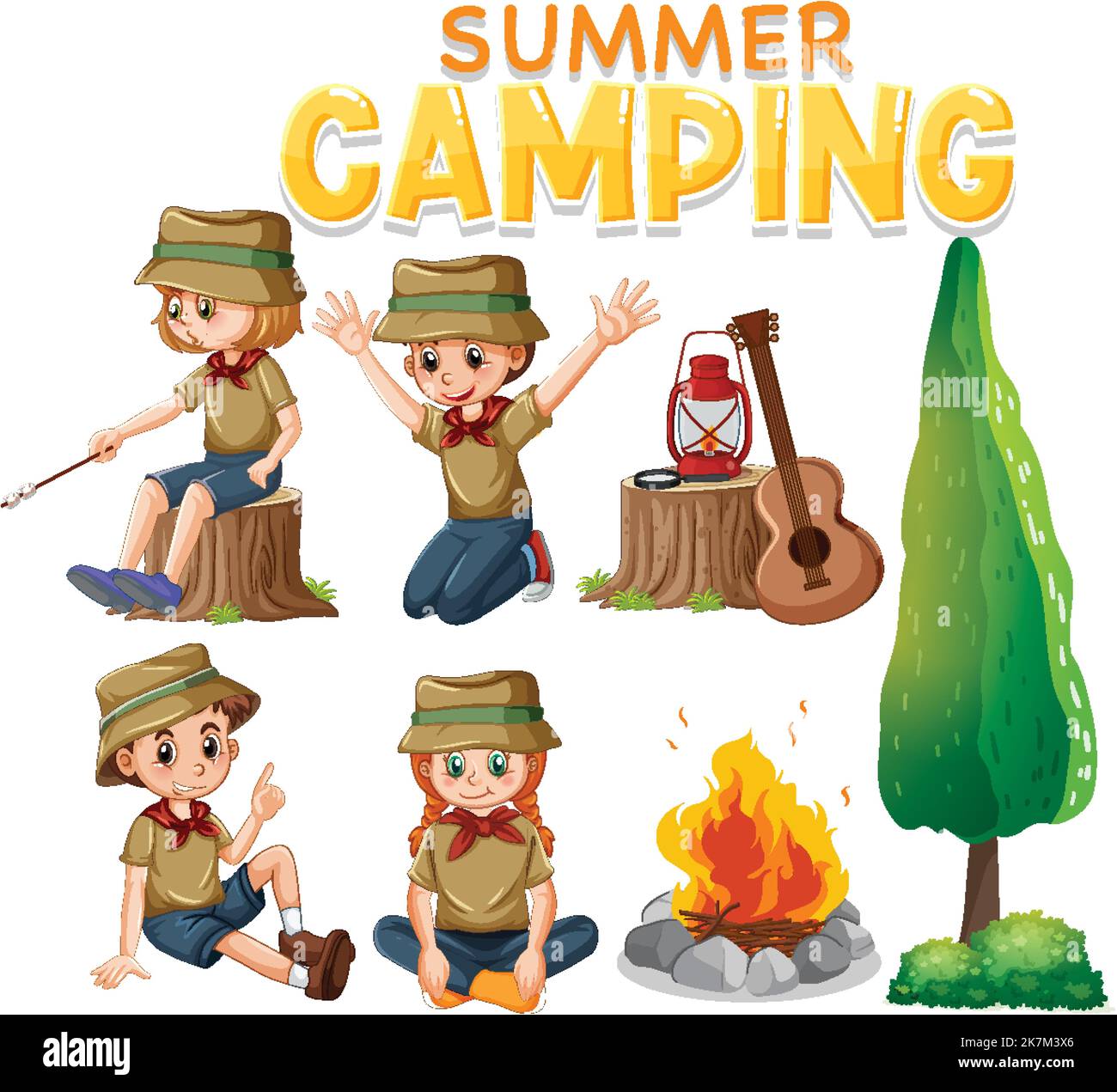 Set of camping kids cartoon character illustration Stock Vector Image ...