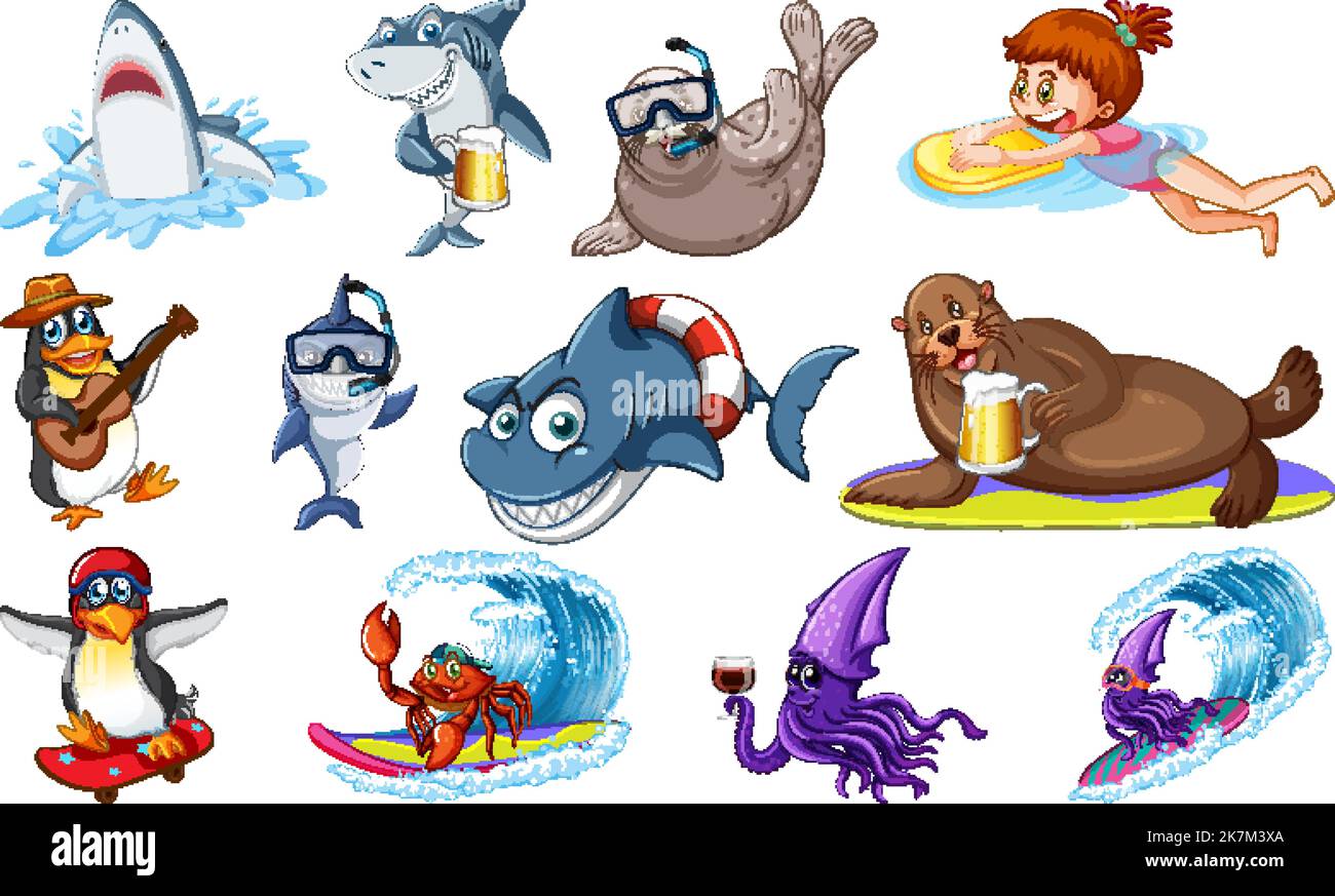 Set of sea animal cartoon character illustration Stock Vector Image ...