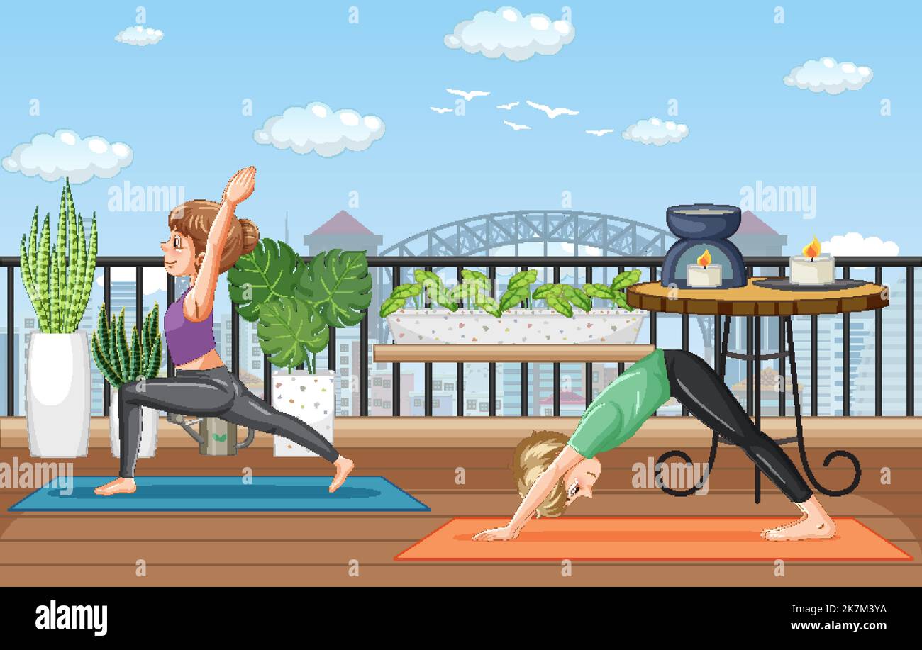 Couple doing yoga outdoor scene illustration Stock Vector Image & Art ...