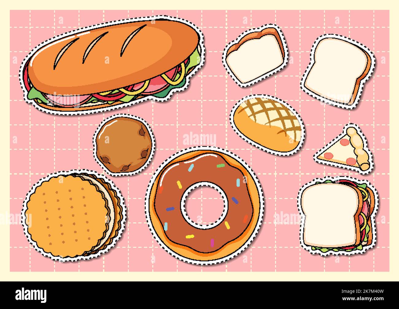 Mixed food cartoon sticker on grid background illustration Stock Vector ...