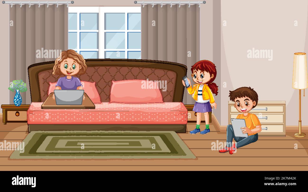 Children using technology devices at home illustration Stock Vector ...