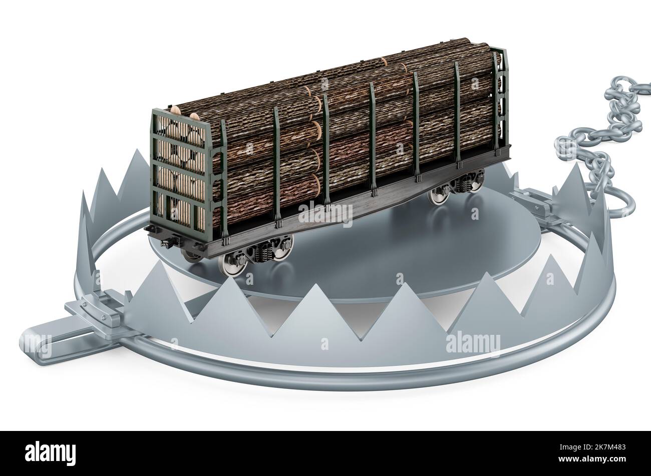Bear trap with wooden logs in goods wagon, 3D rendering isolated on ...