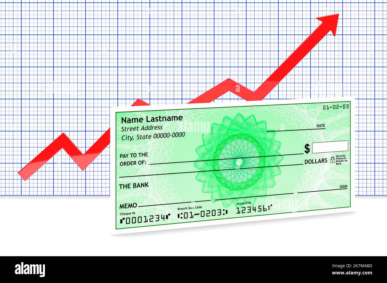 Bank check with growing chart. 3D rendering isolated on white ...