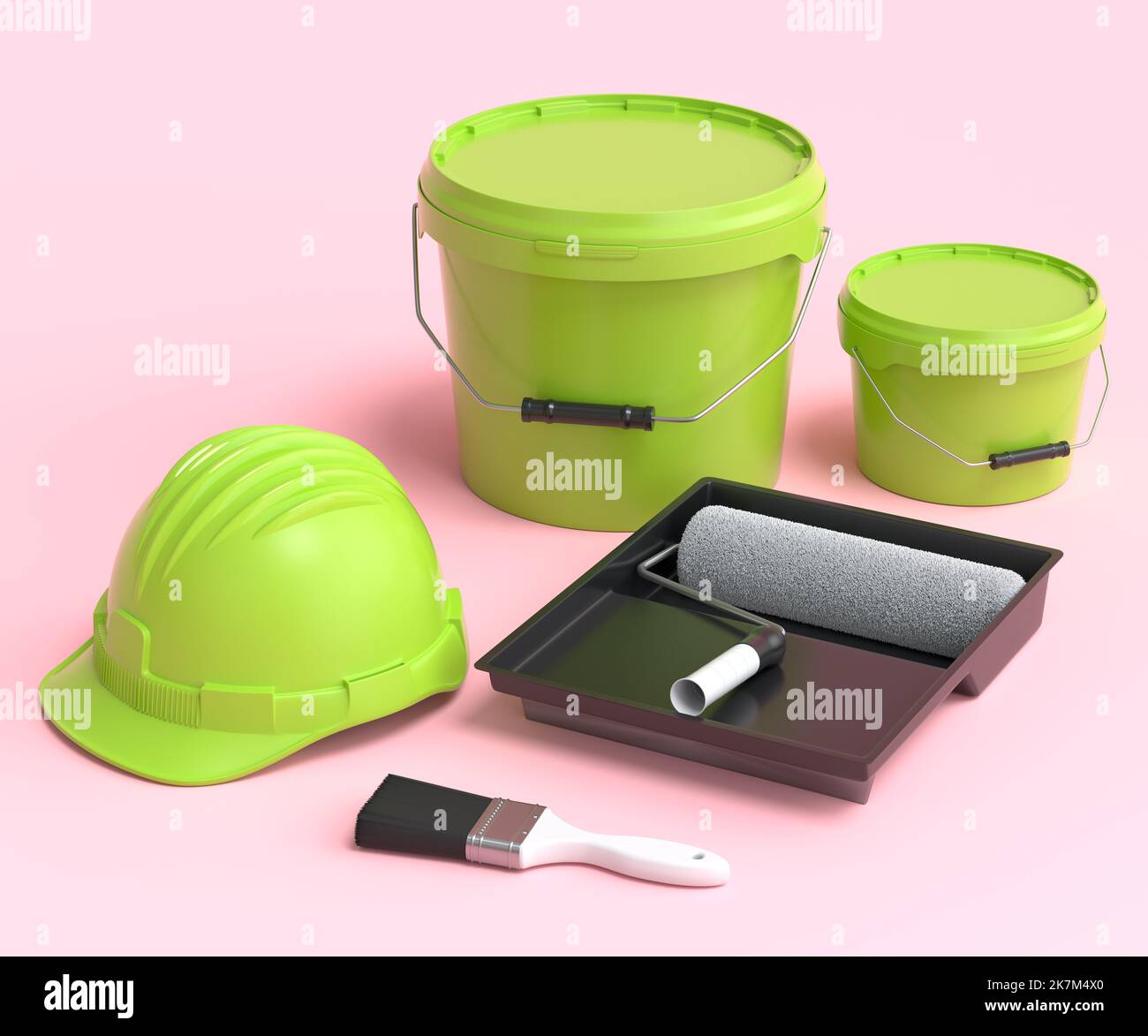 Set of safety helmet, bucket with paint rollers and brushes for ...