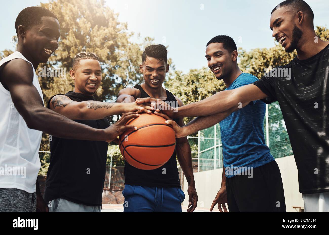 Basketball court teamwork, support and motivation of healthy ...