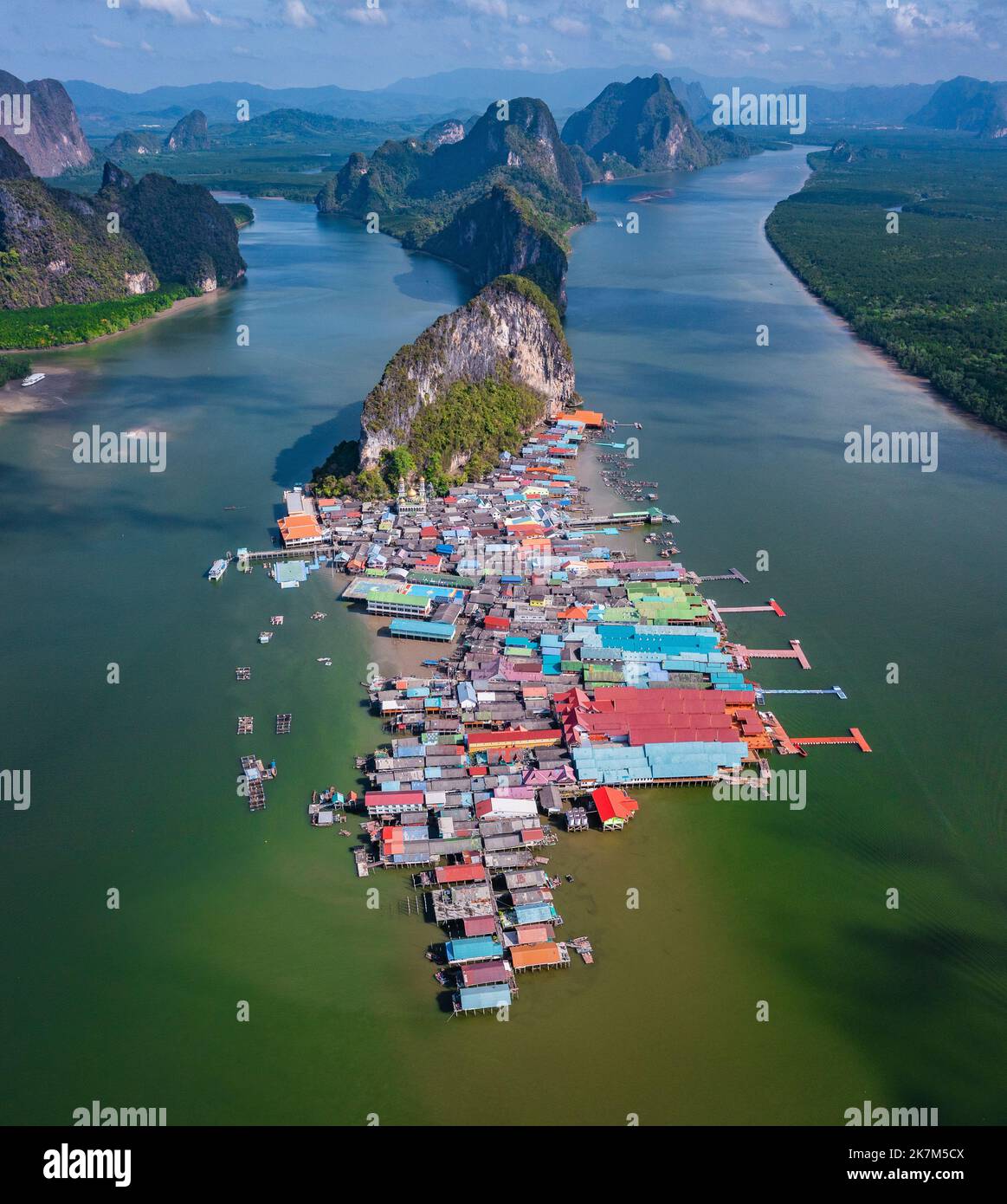 Aerial view of Ko Panyi or Koh Panyee muslim fishing village in Phang Nga Province, Thailand ...