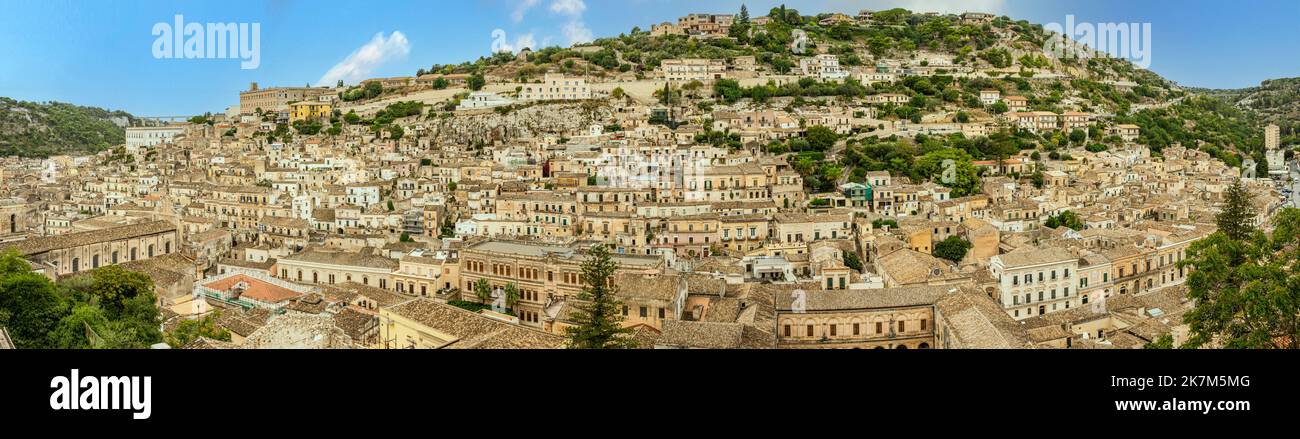 Modica, Italy: 09-21-2022: Extra wide angle view of the historic center ...