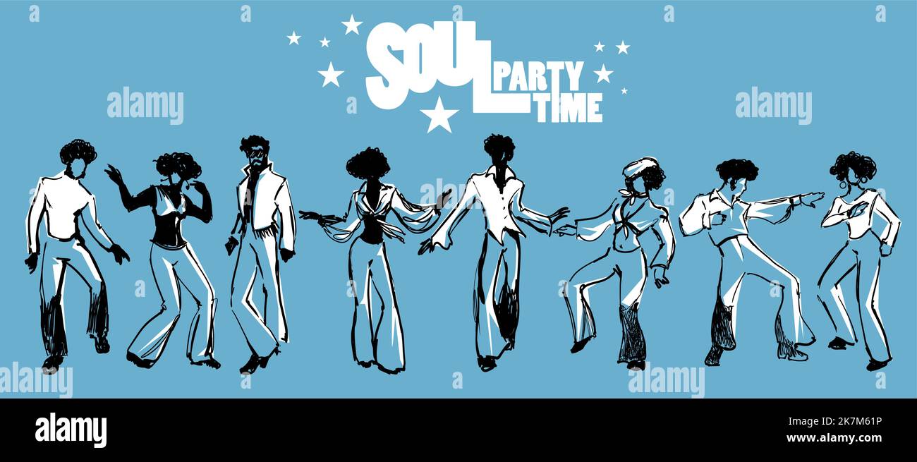 Hand drawn ink drawings of young people wearing retro 70s style clothes ...