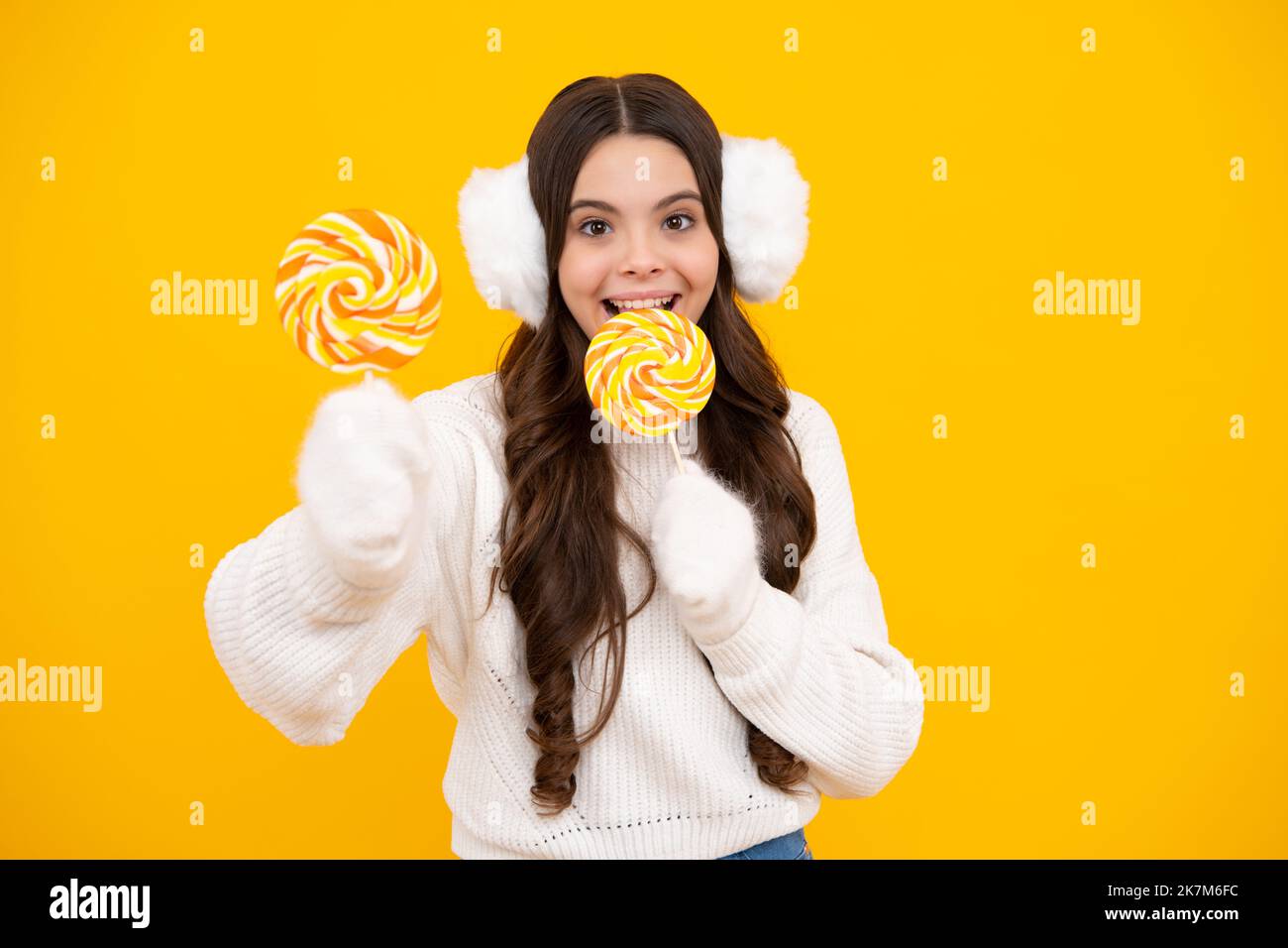 Teenage girl with lollipop, child eating sugar lollipops, kids sweets ...