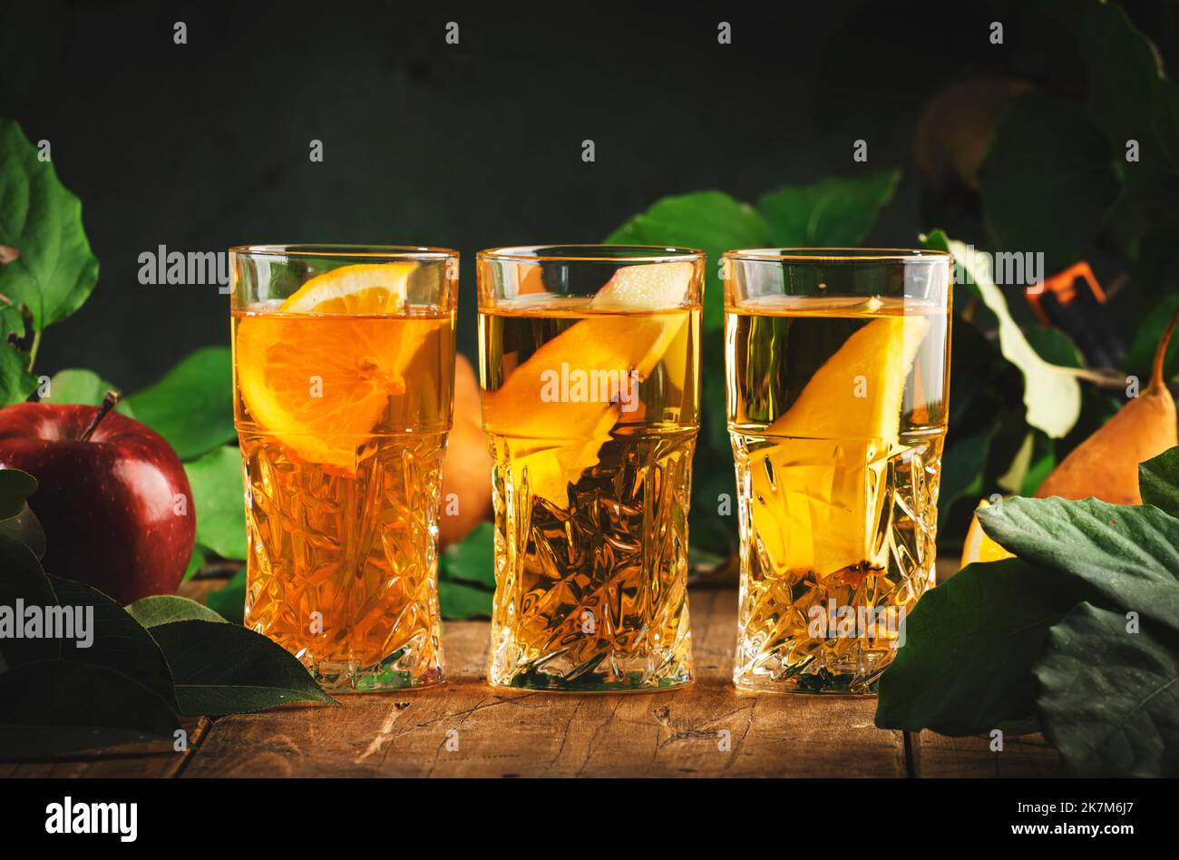 Cider glasses: apple, pear and orange flavored cider. Fermented low ...