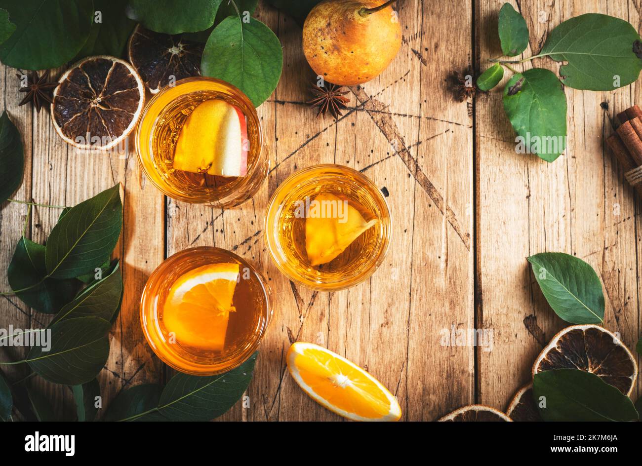 Cider glasses: apple, pear and orange flavored cider. Fermented low ...