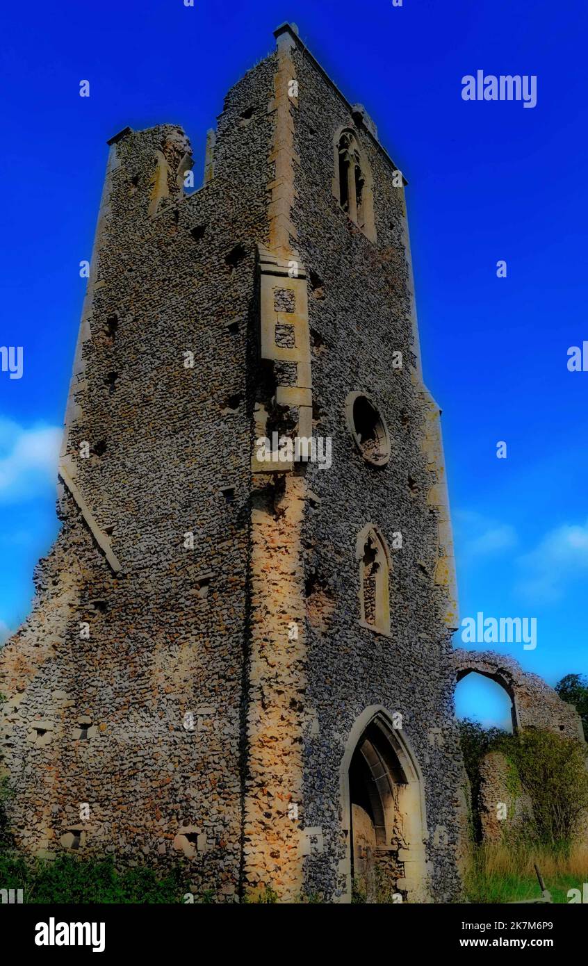 Tower of a derelict Norman church ruin. Special effect added Stock ...