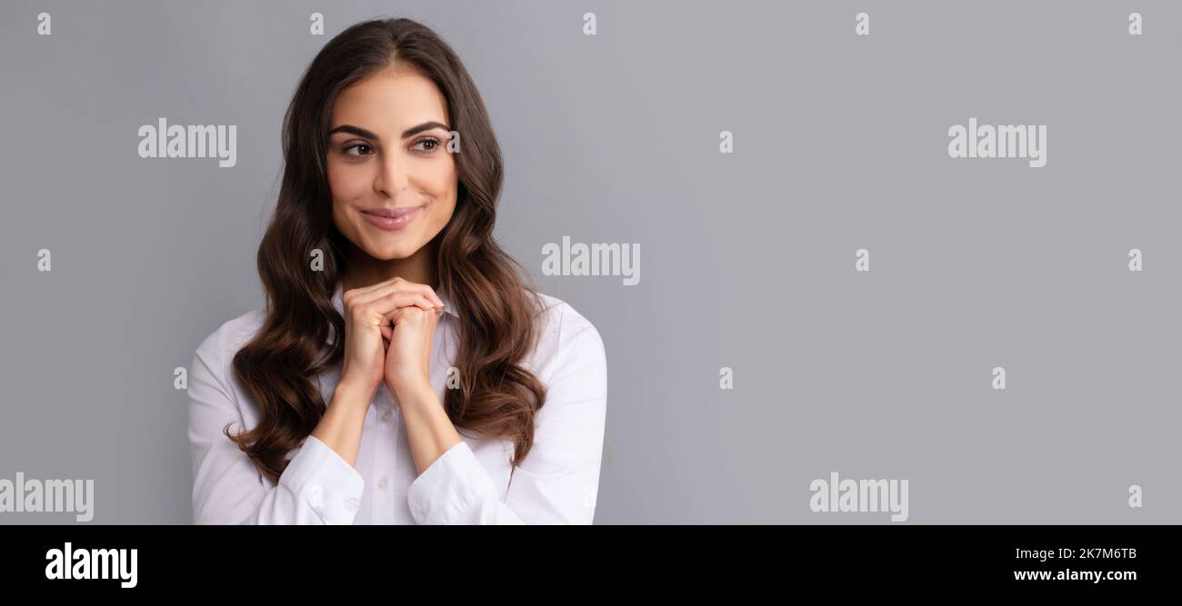 Think positive. Happy woman think smiling. Thoughtful career girl grey ...