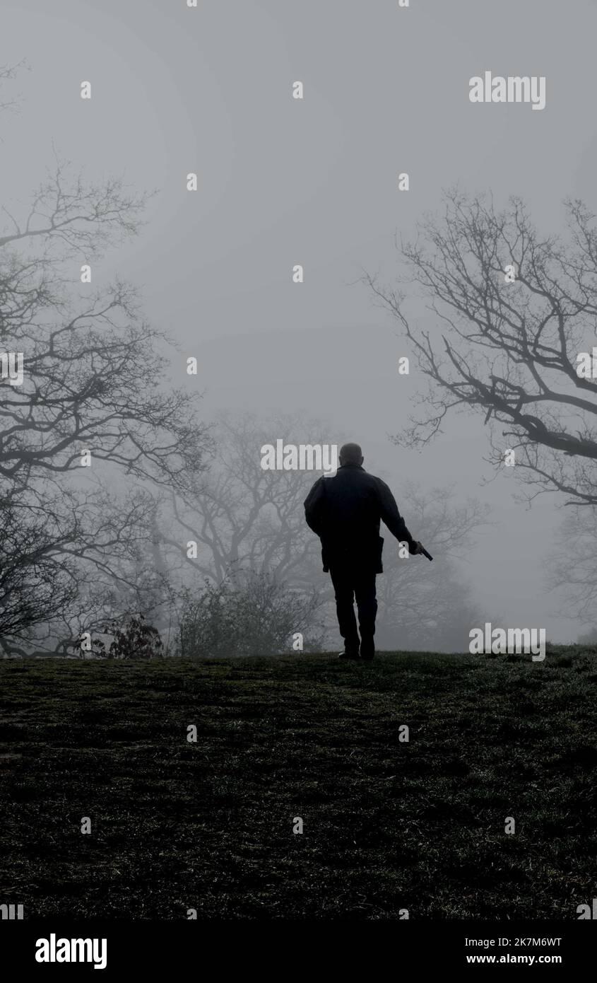 silhouette of man holding gun in the mid distance of a misty woods ...