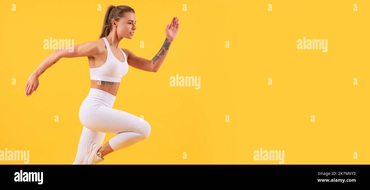 Woman jumping running banner with mock up copyspace. sprinter. sport ...