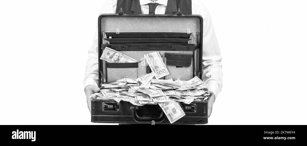cropped briber holding case full of dollar cash isolated on white ...
