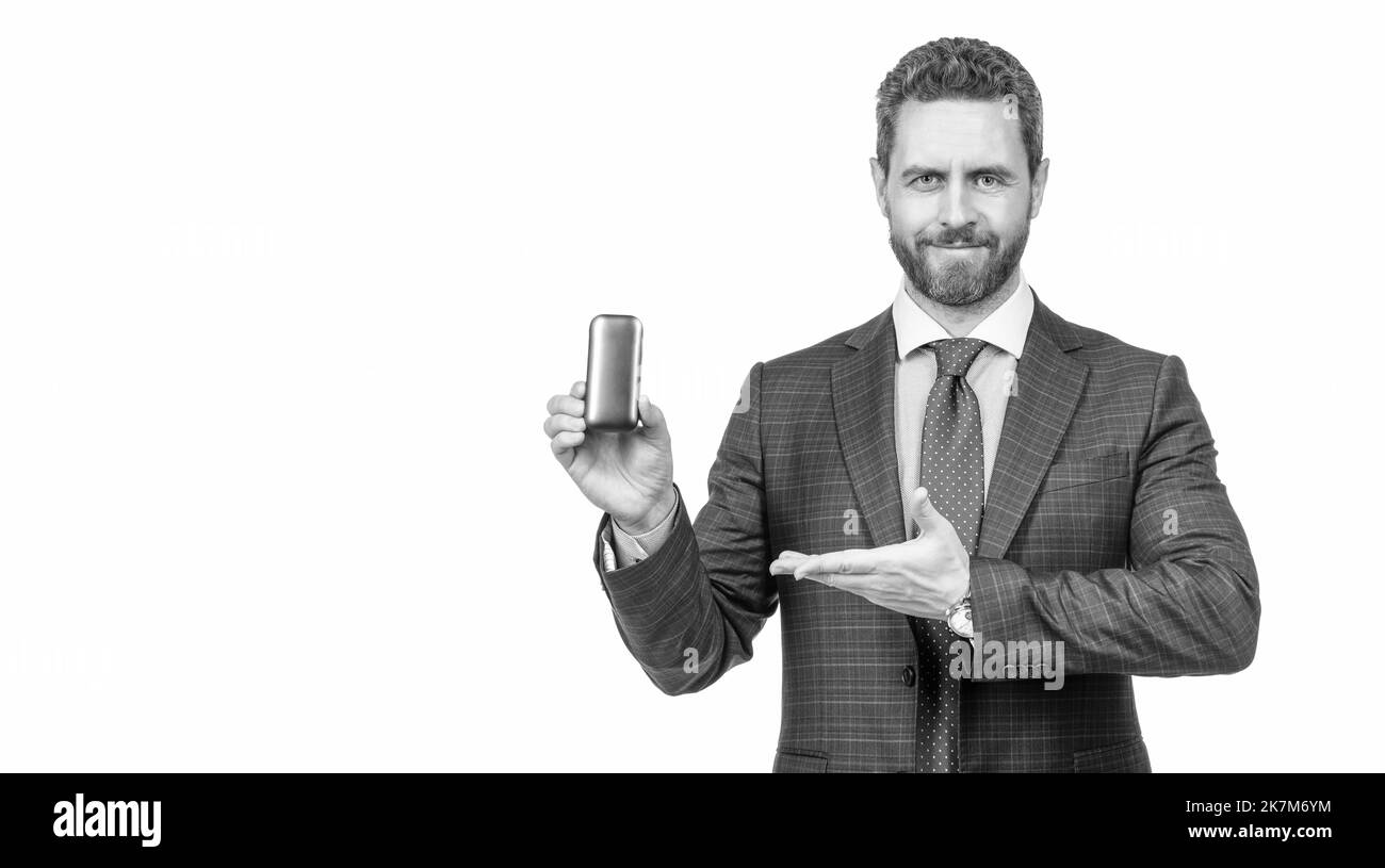 businessman demonstrating modern gadget. successful ceo holding blue ...