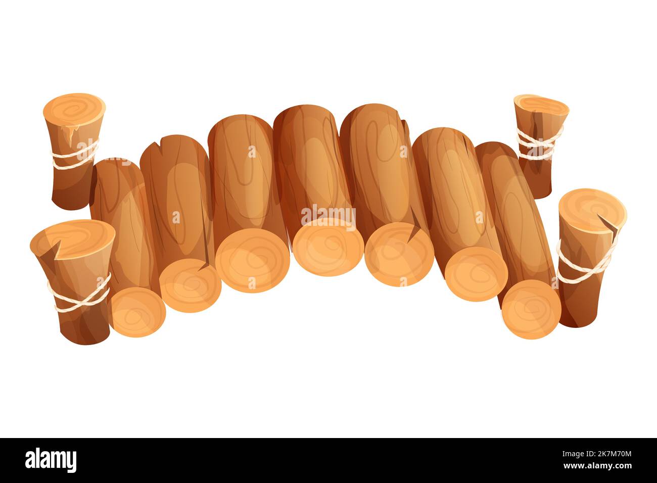Wooden bridge from logs decorated with rope in cartoon style isometric ...