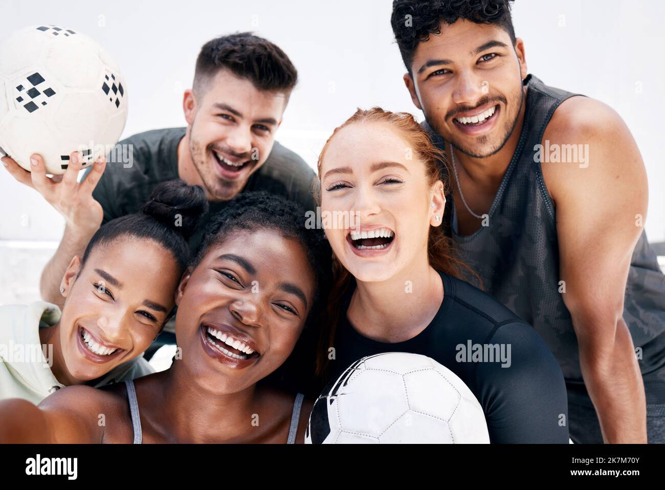 Friends, sports and selfie with team of football athletes for training ...